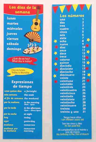 Learn Foreign Language Skills Spanish Days and Numbers Bookmark